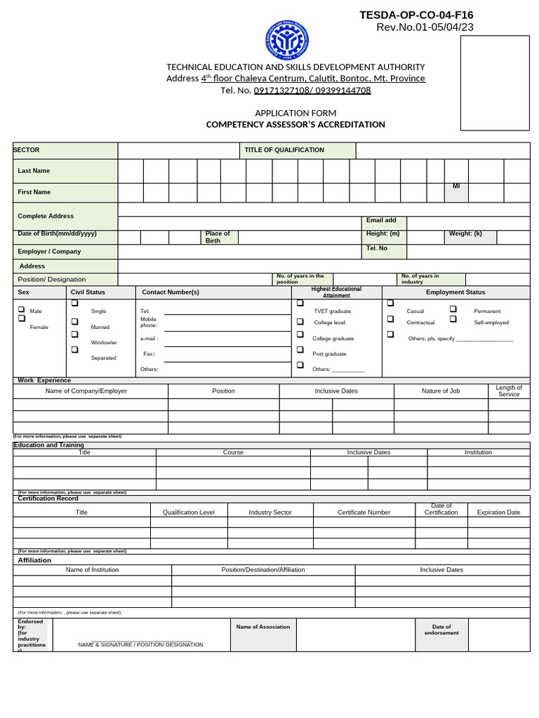TESDA Competency Assessor Application Form | PDF | Career And Technical ...