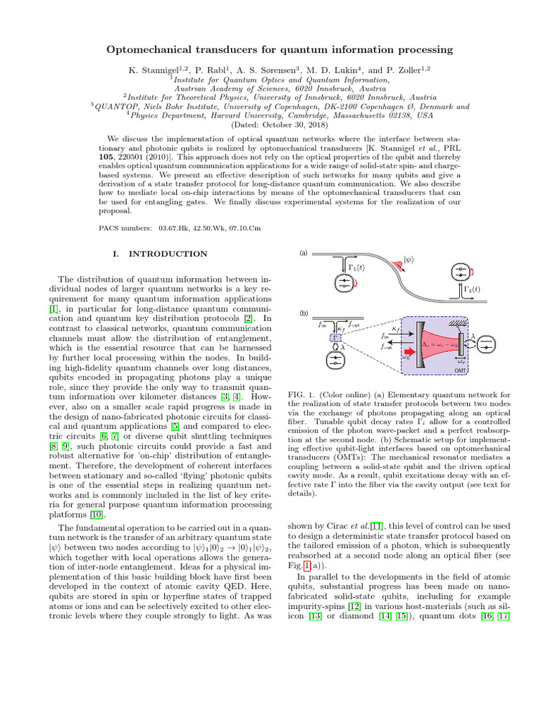 Optomechanical Transducers for Quantum Information Processing | PDF | Physics | Quantum Mechanics