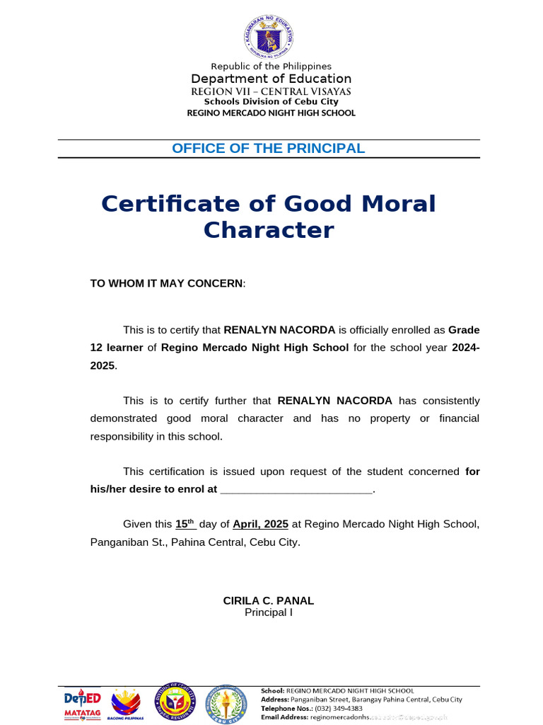 UPDATED Good Moral Certificate-Enrolment | PDF