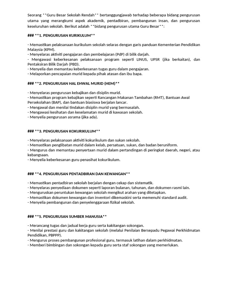 9 Bidang Pengurusan Guru Vesar Sekolah Rendah | PDF