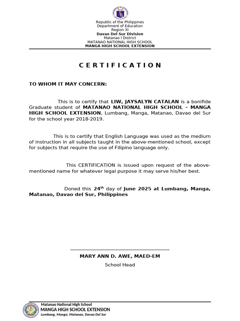 Certification of Student Status | PDF