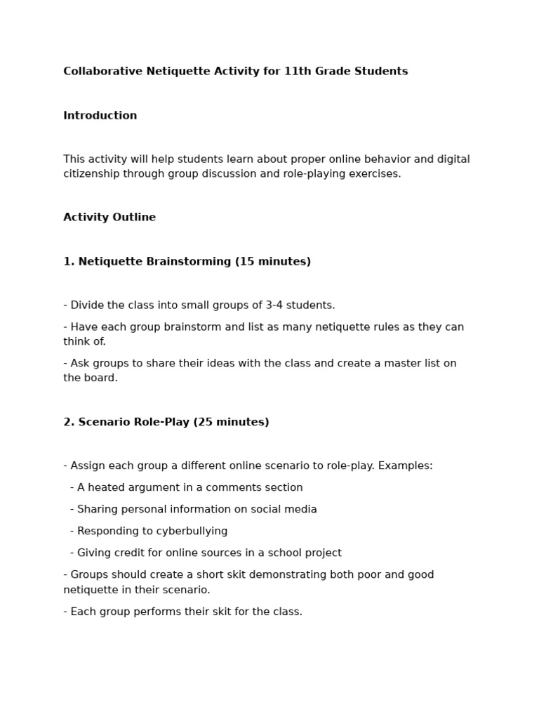 Collaborative Netiquette Activity For 11th Grade Students | PDF ...