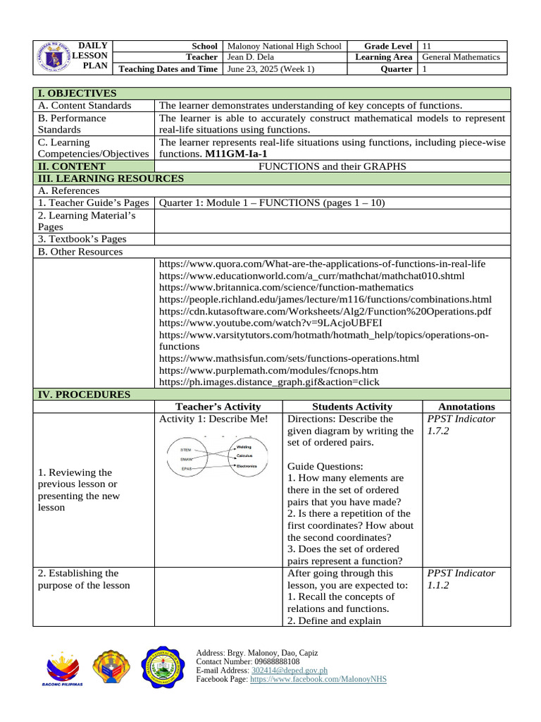 Detailed Lesson Plan Day 1 | PDF | Function (Mathematics) | Mathematics