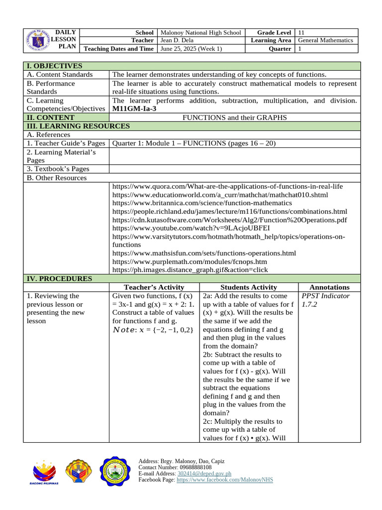 Detailed Lesson Plan Day 3 | PDF | Function (Mathematics) | Learning