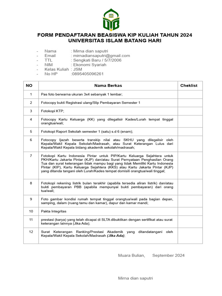 Form Pendaftaran KIP Tahun 2024 UNISBA JAMBI | PDF