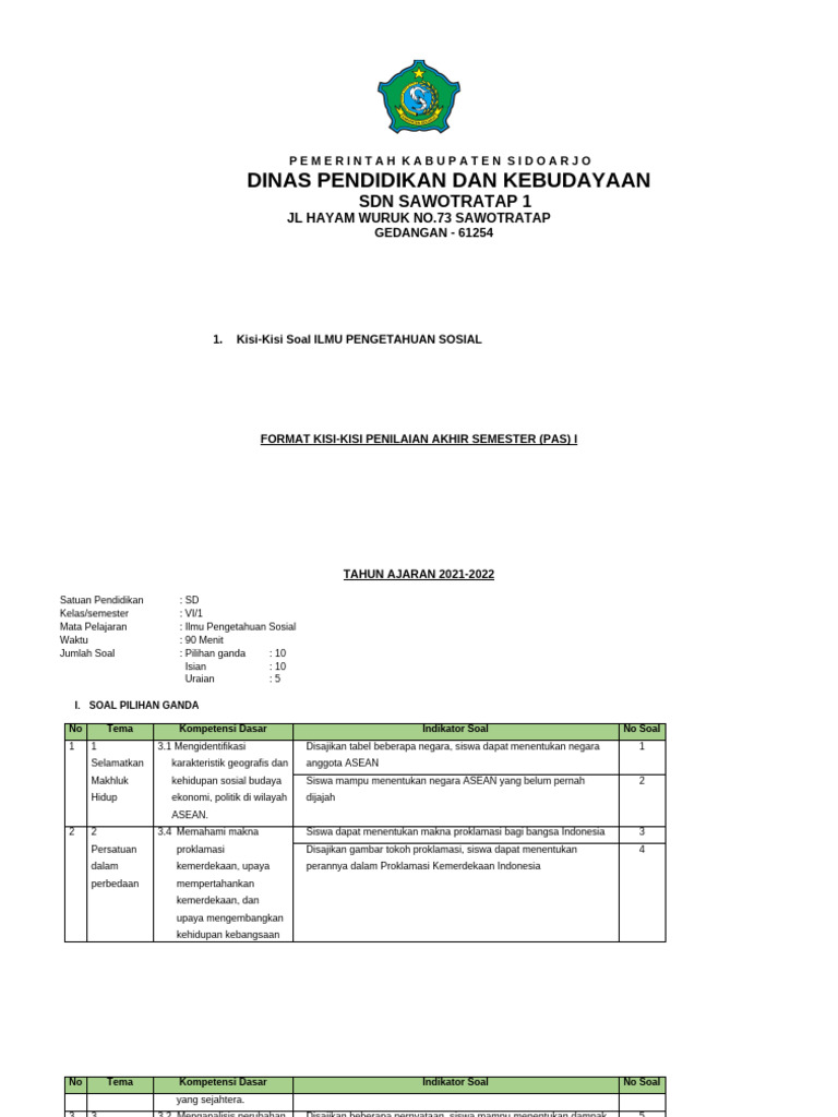 Kisi-kisi Sas 1 Ips 2022-2023 | PDF