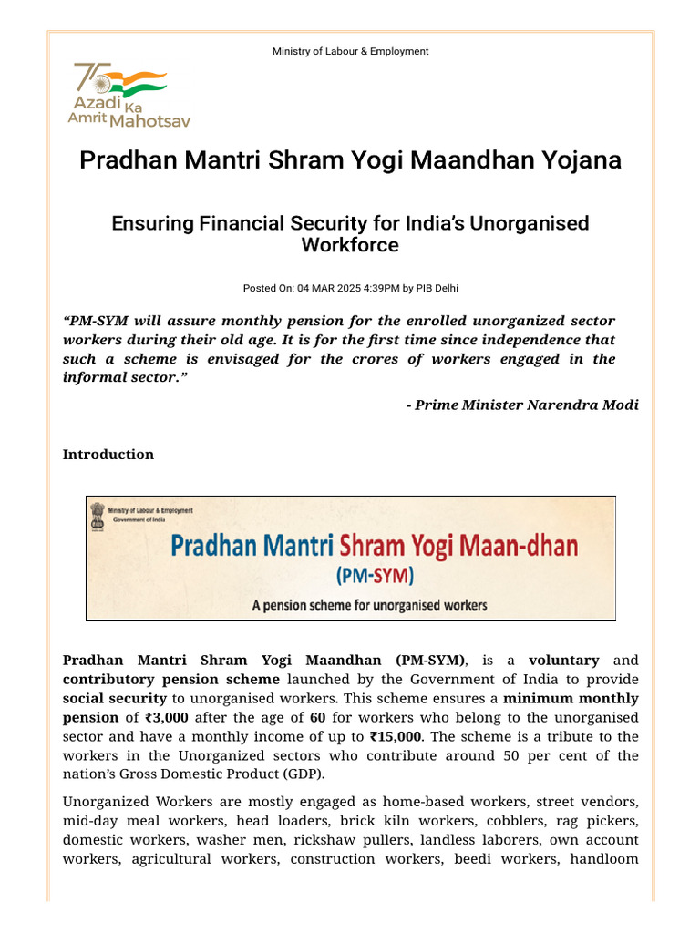 Pradhan Mantri Shram Yogi Maandhan Yojana | PDF | Pension | Economies
