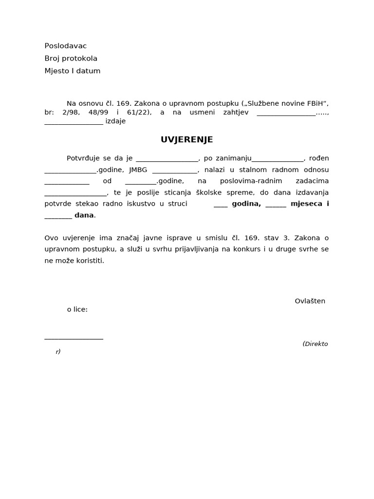 Potvrda o Radnom Iskustvu | PDF