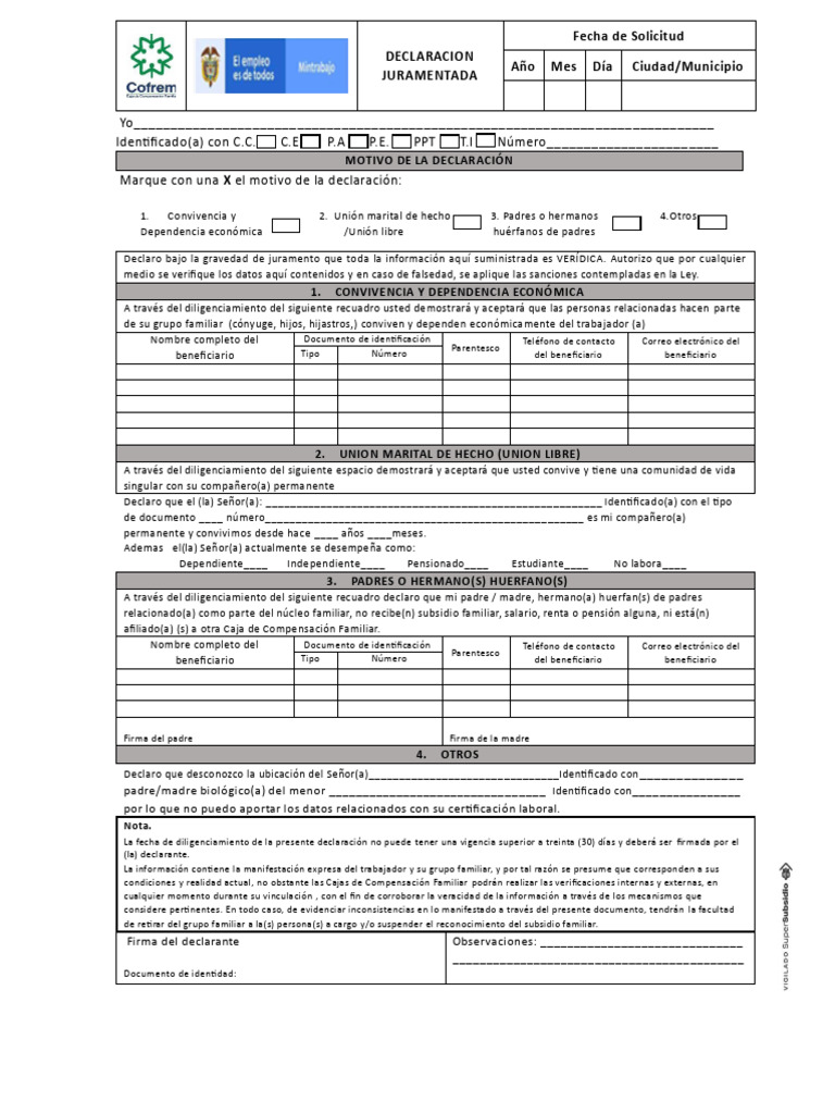 Declaración Juramentada de Unión Libre Madre Soltero y Dependencia de Los Padres (1) - COFREM | PDF