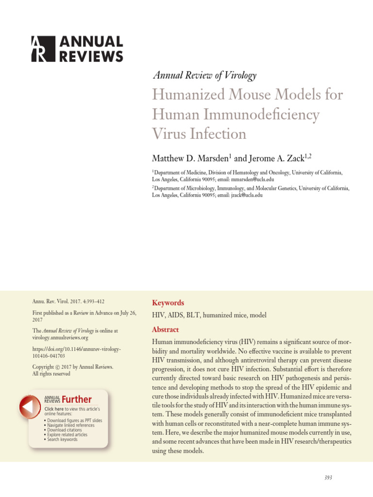 Humanized Mouse Models For Human Immunodeficiency Virus Infection | PDF ...