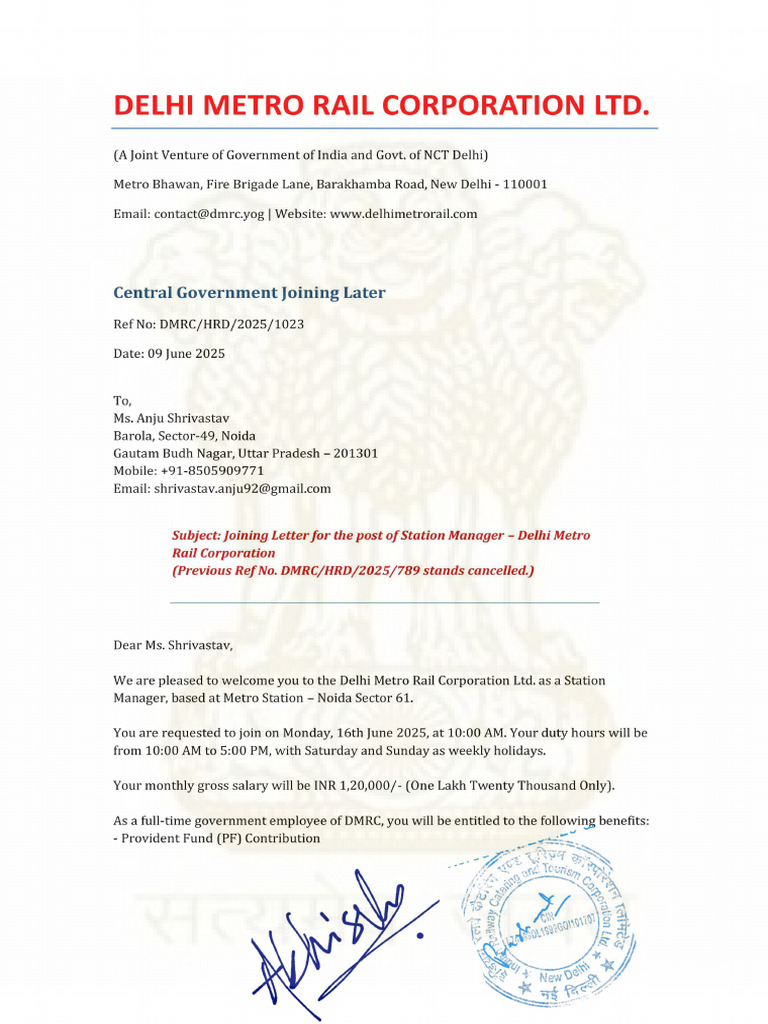 DMRC Joining Anju | PDF