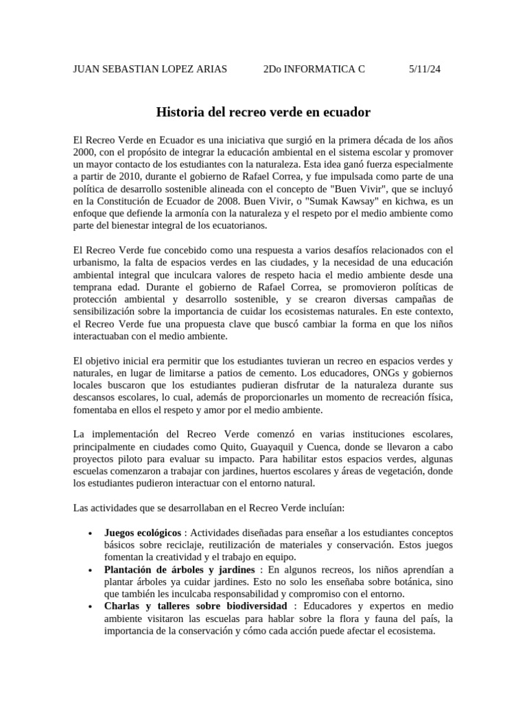 Historia del Recreo Verde en Ecuador | PDF | Sustentabilidad | Residuos