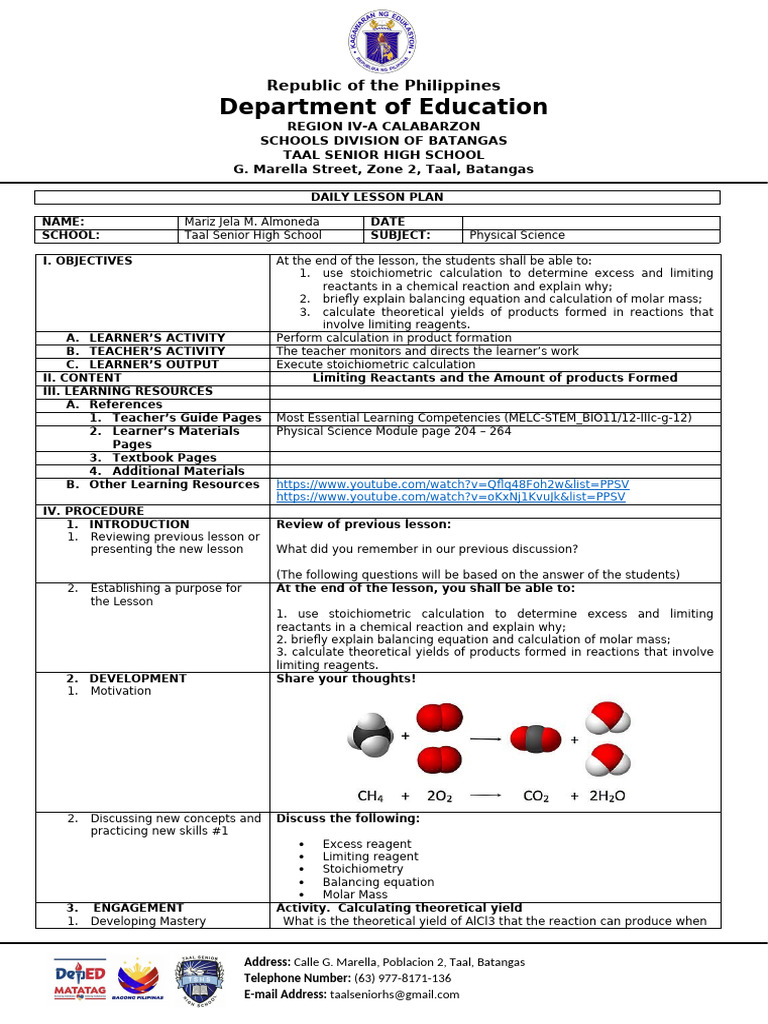 Daily Lesson Plan: Limiting Reactants | PDF | Stoichiometry | Chemical ...
