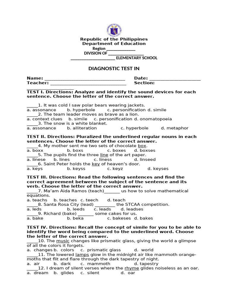 Diagnostic Test - English 6 | PDF | Linguistics