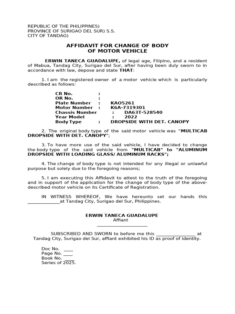 Affidavit of Change Body - Eric Taneca Guadalupe | PDF