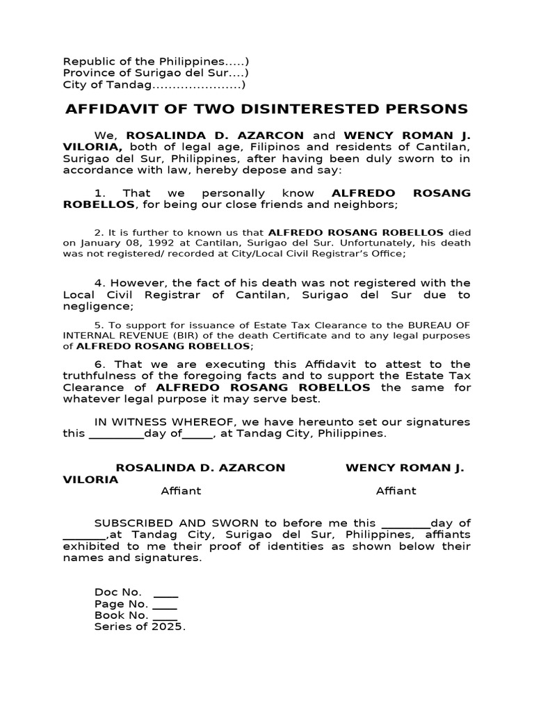 Affidavit of Two Disinterested Person - Death Alfredo Robellos | PDF