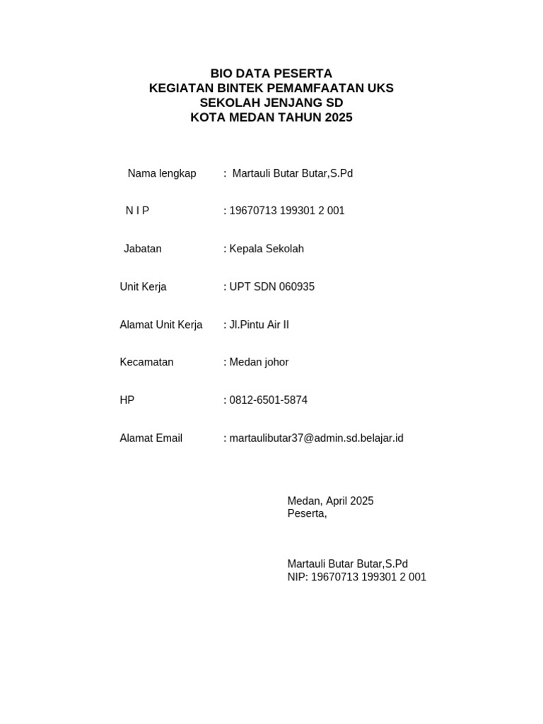 Biodata Bintek Uks Jenjang SD - Martauli | PDF