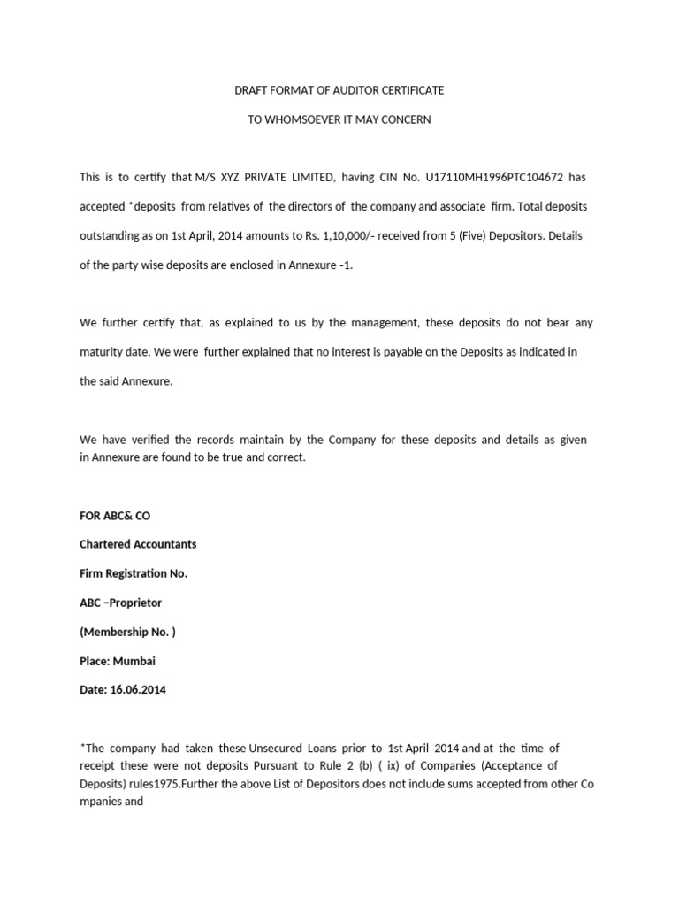 Auditor Certificate Draft Format | PDF