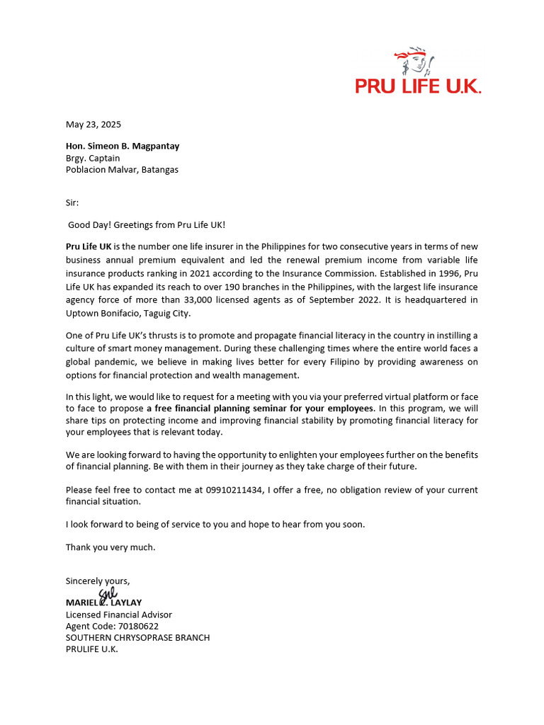 Letter For Malvar Financial Awareness | PDF