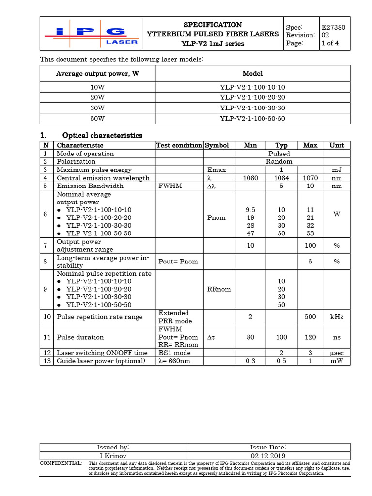 IPG YLP-V2 Series - Specifications | PDF | Laser | Optical Fiber