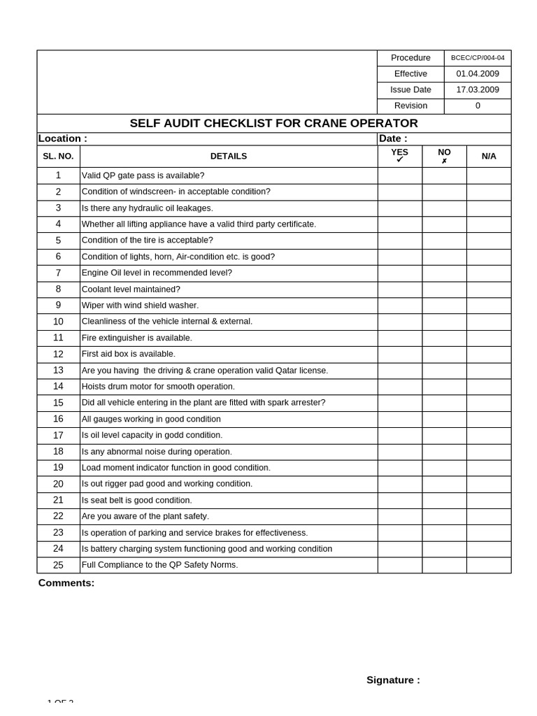 Check List For Crane Operator | PDF | Crane (Machine) | Vehicles