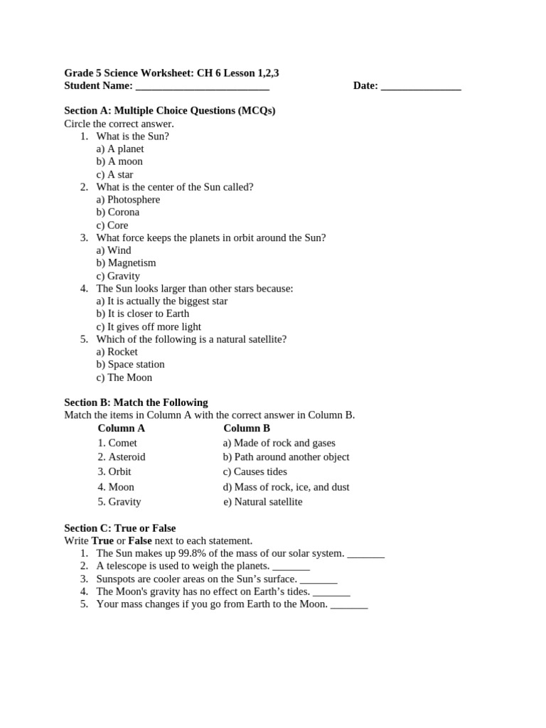 Grade 5 Science Worksheet on the Sun | PDF