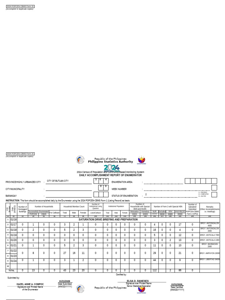 2024 POPCEN CBMS Form 15 Daily Accomplishment Jan. 16 To 31 2025 | PDF ...