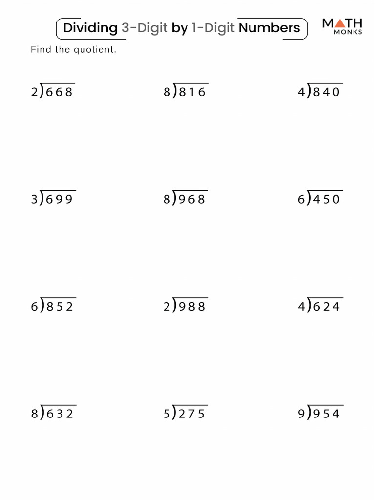 1 by 3 Digit Division Worksheets | PDF