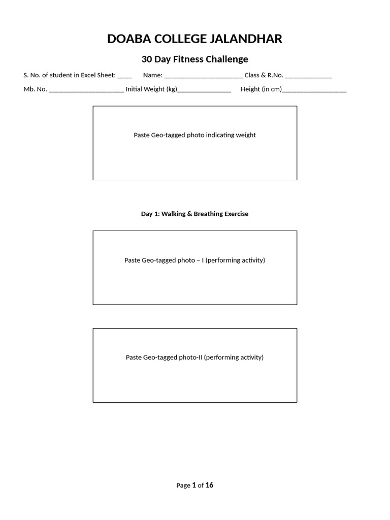 Activity Record Sheet - 30 Day Fitness Challenge | PDF | Physical Exercise