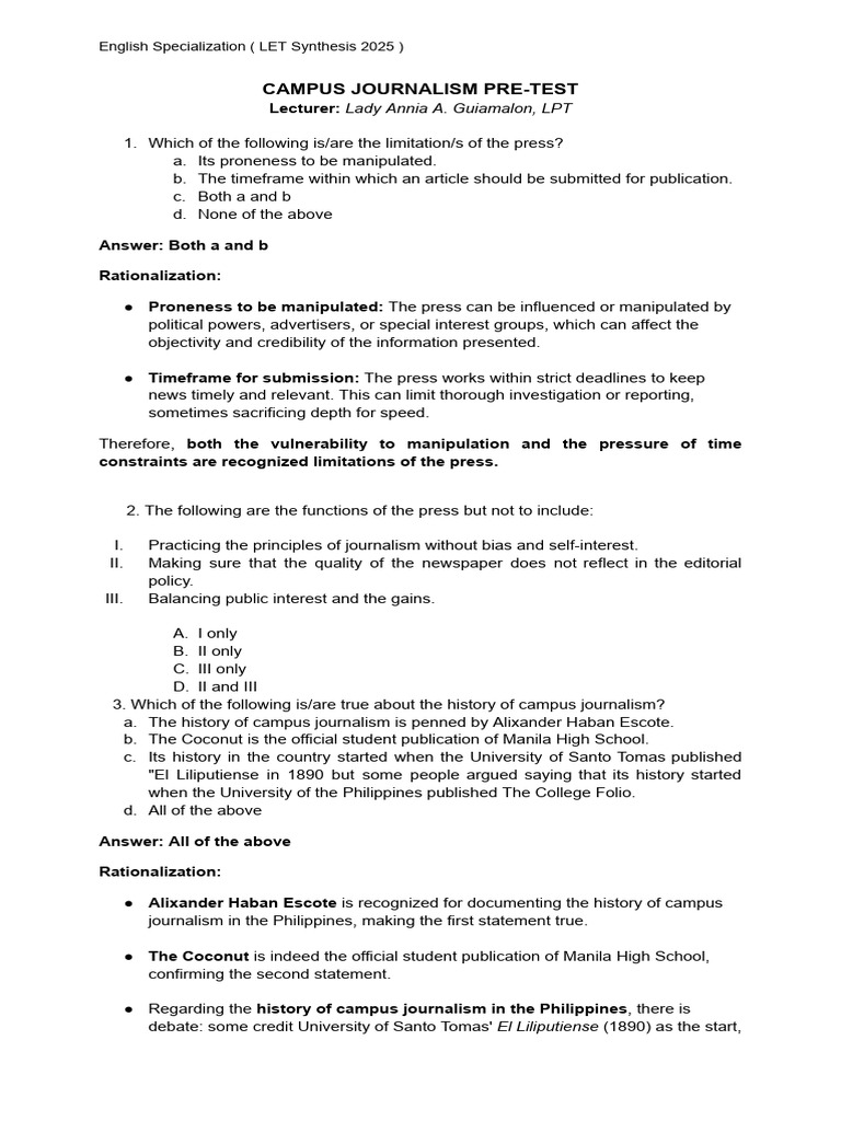 Campus Journalism Pre-Test | PDF | Copy Editing | Proofreading