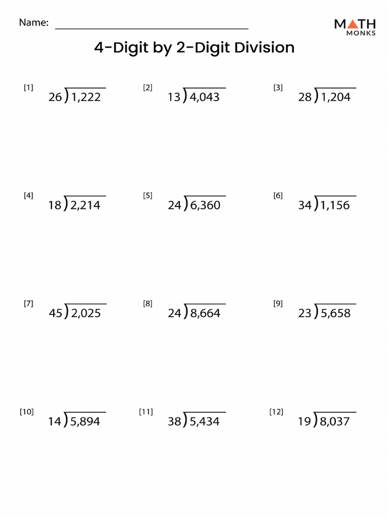 4 Digit by 2 Digit Division Worksheets | PDF