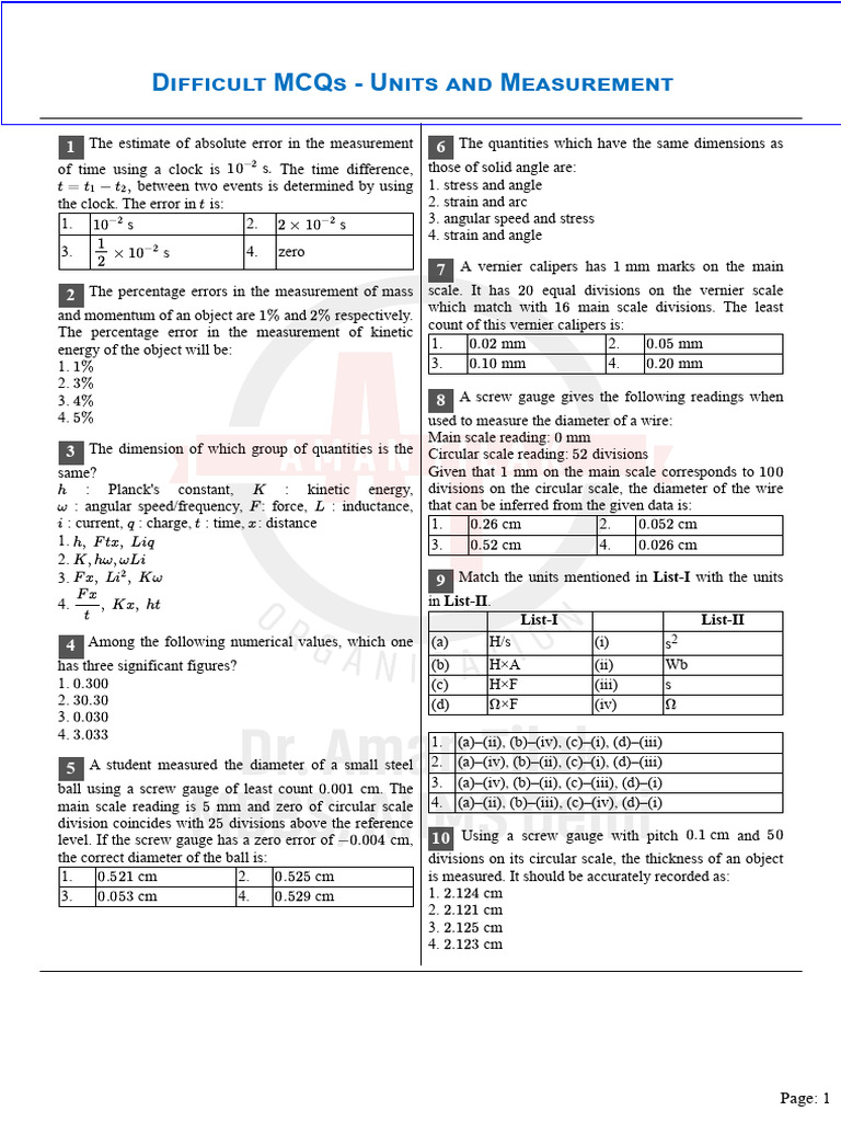 Difficult MCQs - Units and Measurement | PDF | Observational Error | Physical Quantities