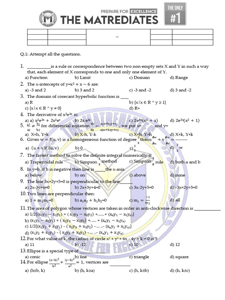Xii Prelium Mcqs-Mat | PDF | Euclid | Mathematical Concepts
