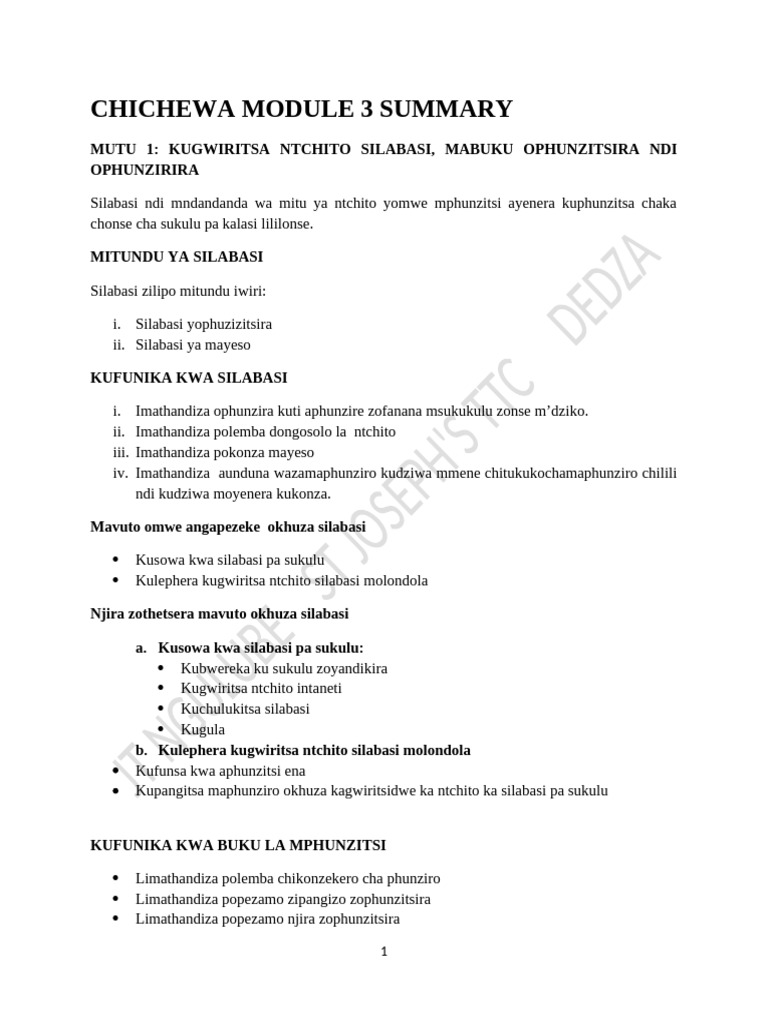 Chichewa Module 3 Summary | PDF