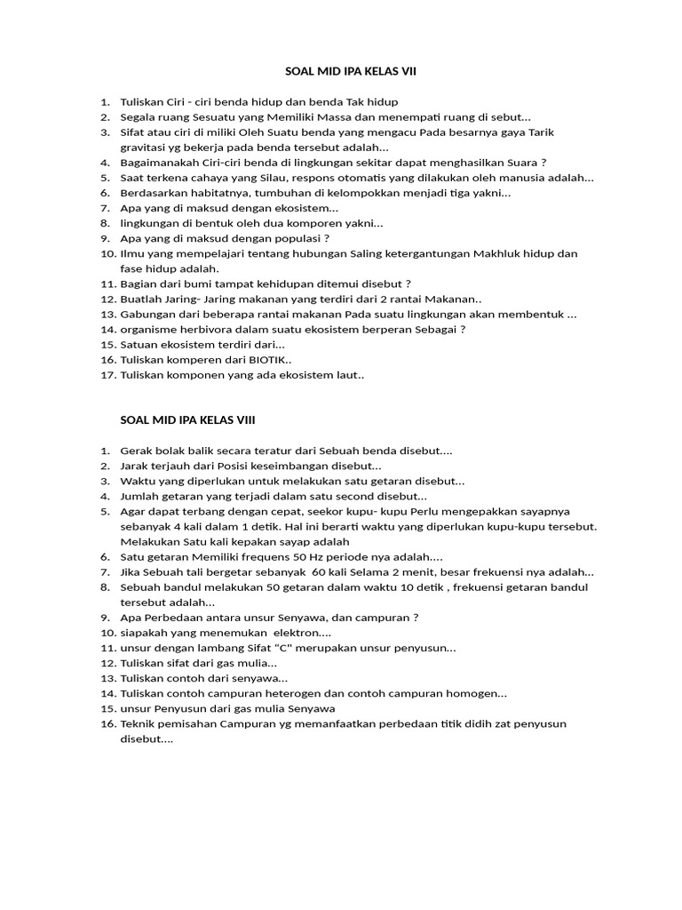 Soal Mid Ipa Kelas Vii & Viii | PDF