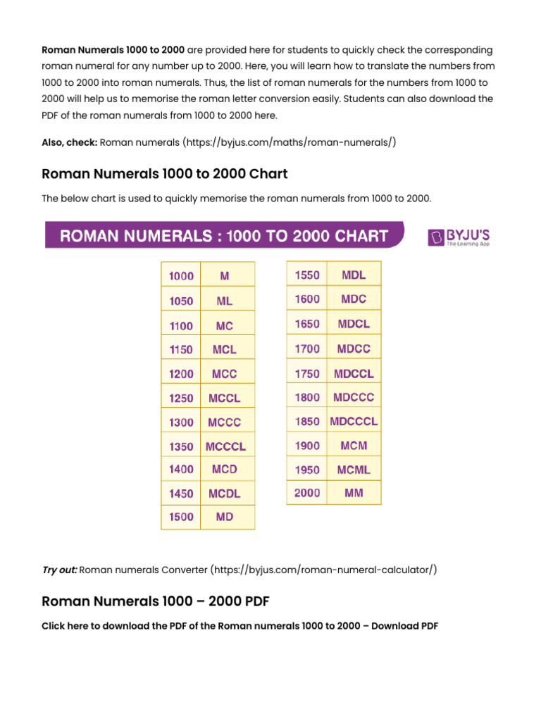 Roman Numerals 1000 to 2000 Guide | PDF