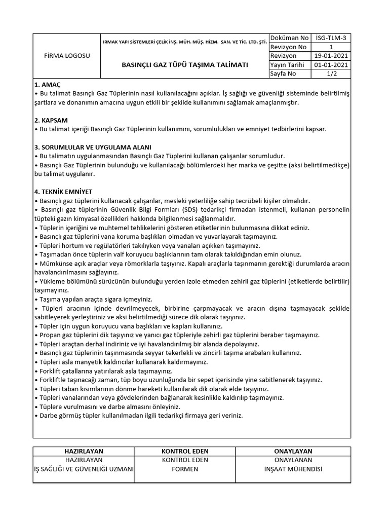 Basinçli Gaz Tüpü Taşima Tali̇mati | PDF