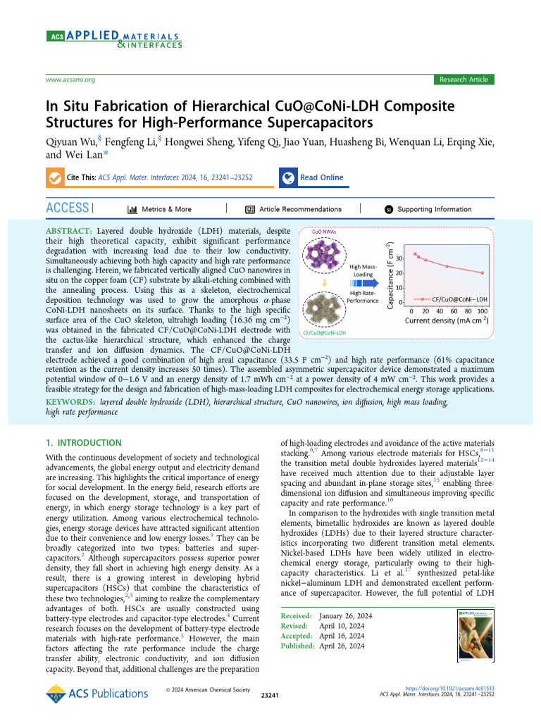 Lan Et Al 2024 in Situ Fabrication of Hierarchical Cuo Coni LDH ...