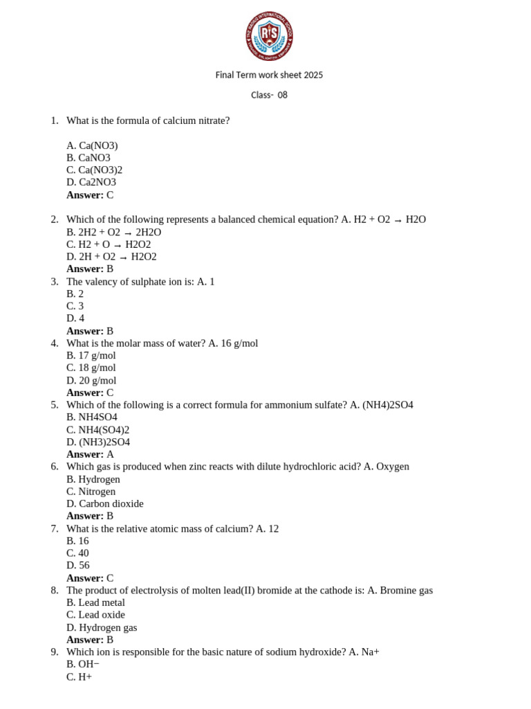 Final Term Work Sheet Chemistry Class 8 2025 | PDF | Ion | Sodium