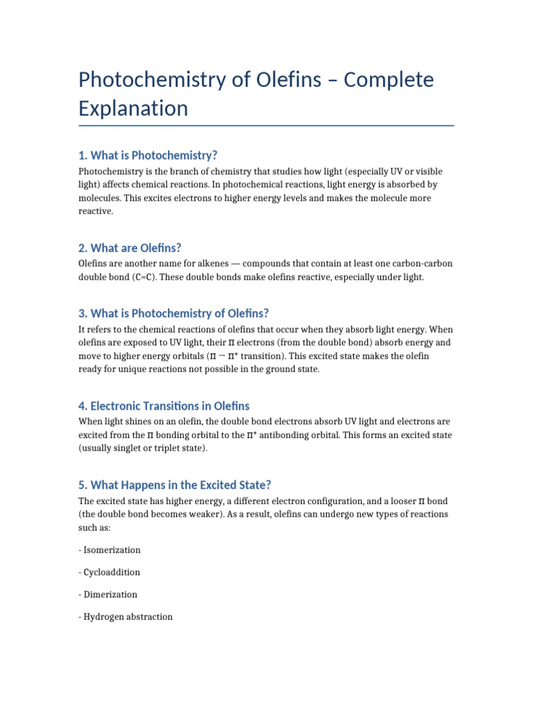 Photochemistry of Olefins Explained | PDF | Photochemistry | Alkene