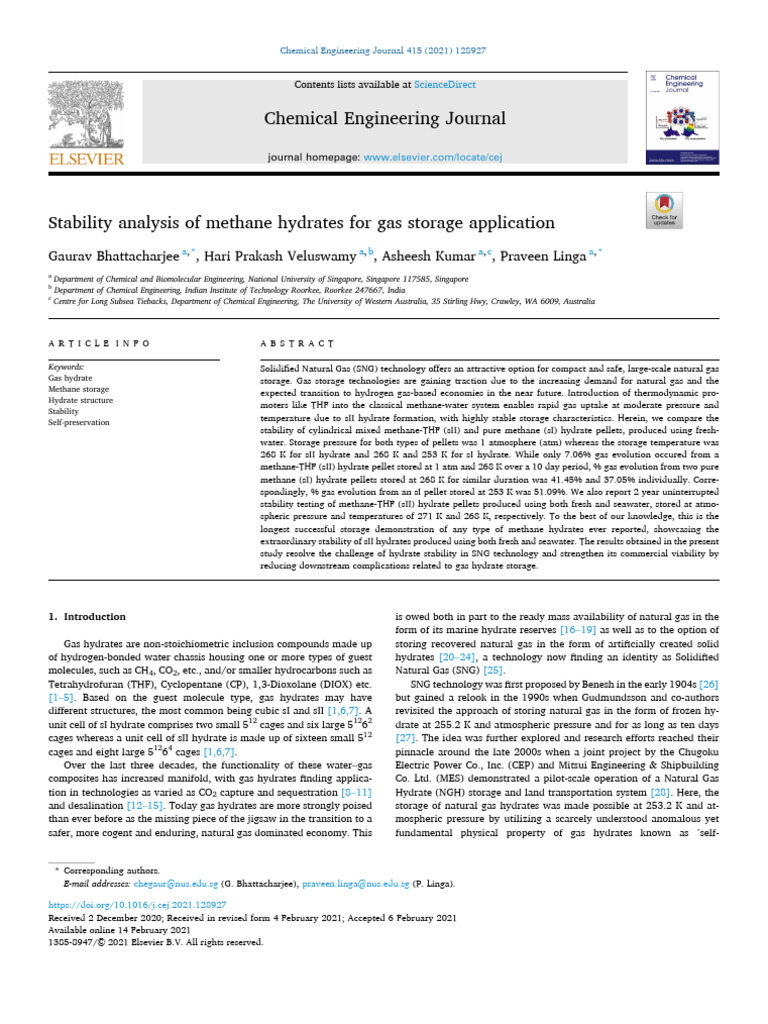 Stability Analysis of Methane Hydrates For Gas Storage Application ...