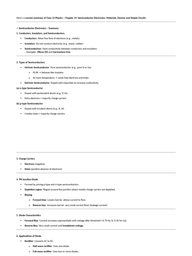Class 12th Semiconductors Summary | PDF | Semiconductors | P–N Junction