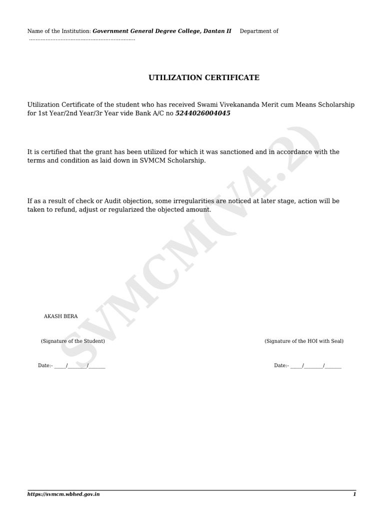 SVMCM Scholarship Utilization Certificate | PDF