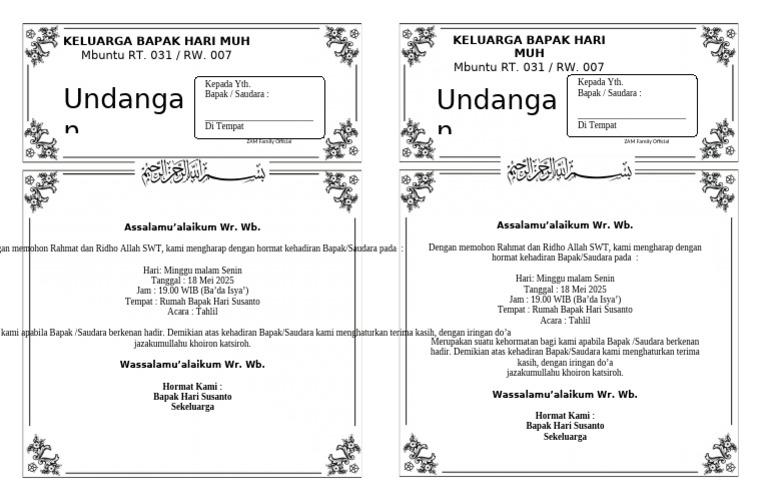 Undangan Tahlil Pendak | PDF