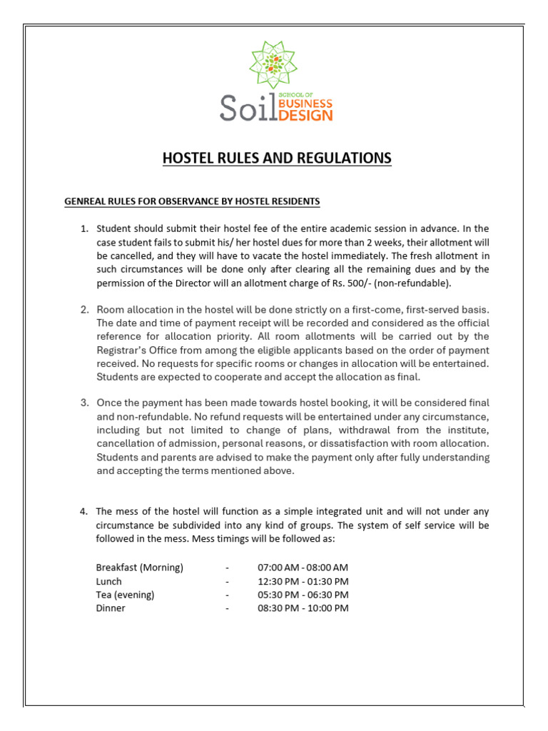 Hostel Rules and Regulations 2025-26 - Ssobd | PDF | Hospital | Fee