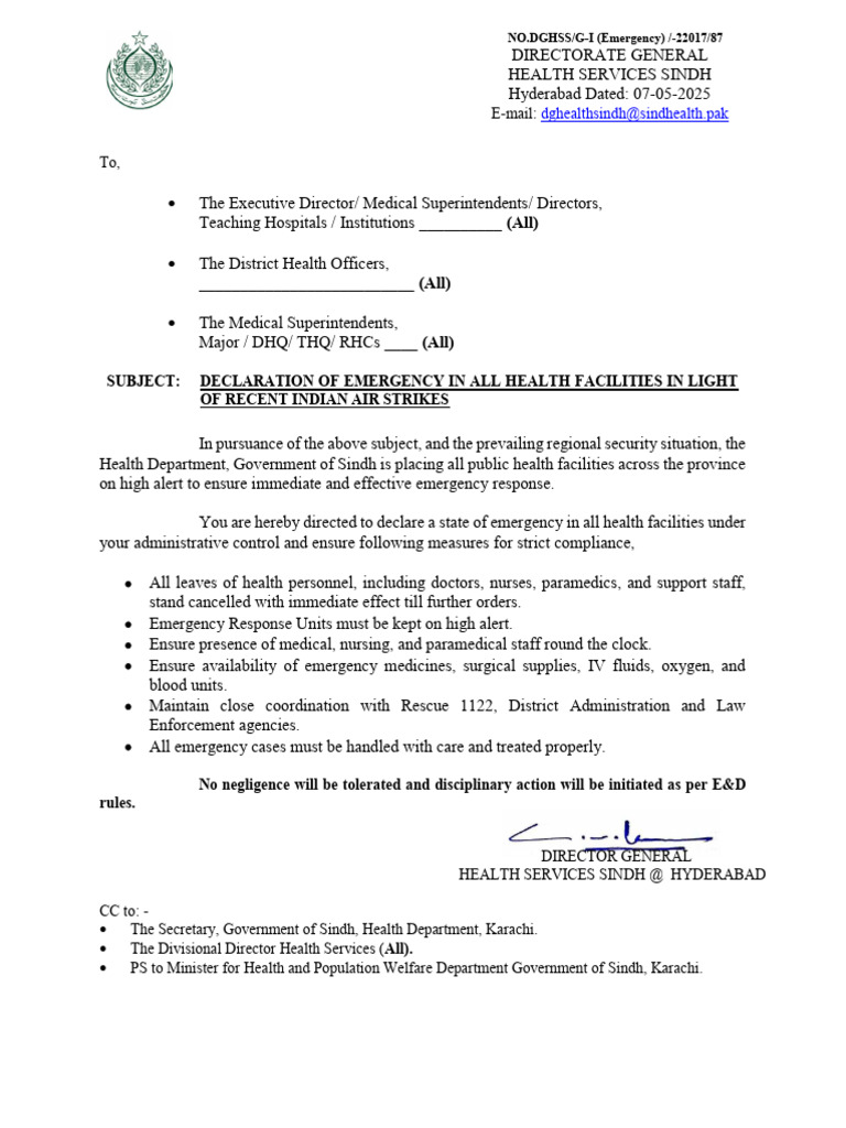 Declaration of Emergency in All Health Facilities in Light of Recent ...