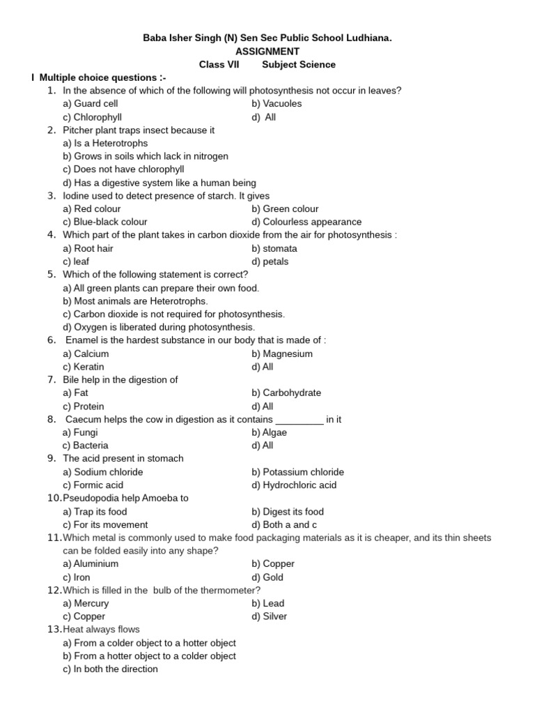 Class VII Science Assignment Questions | PDF | Acid | Photosynthesis