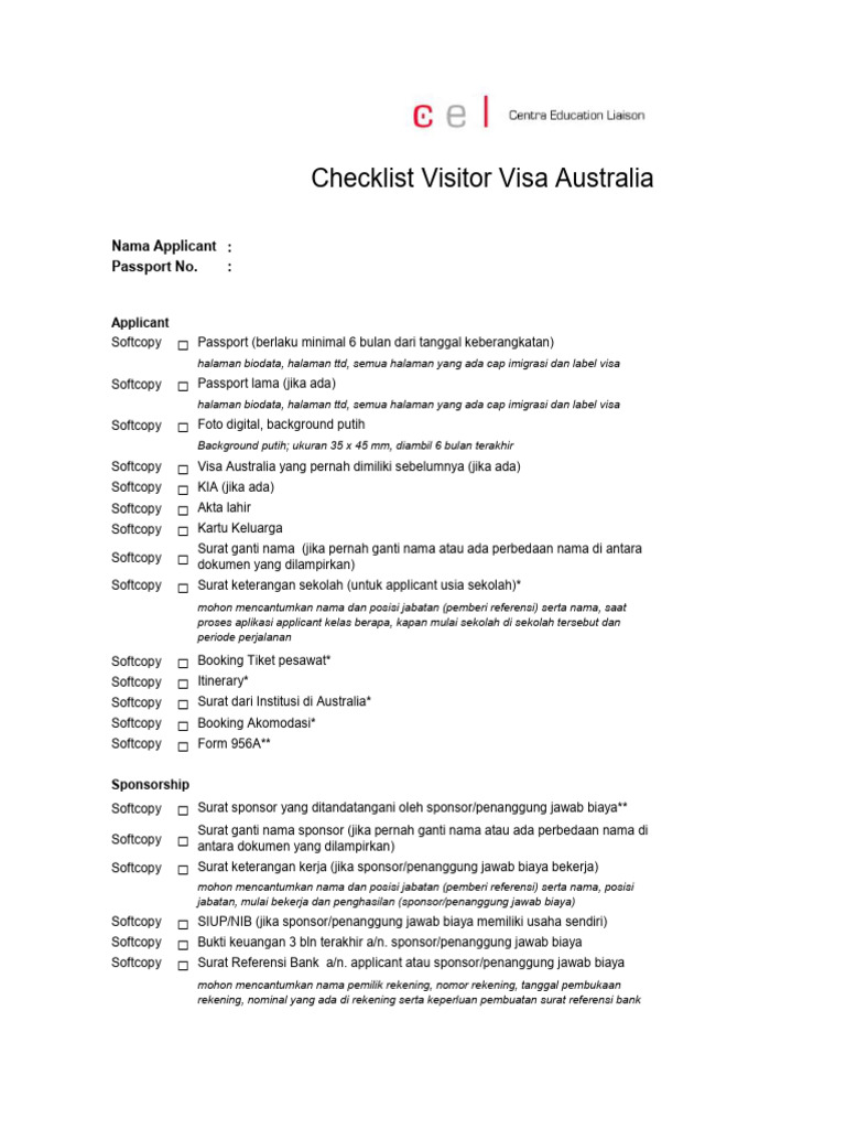 Checklist Visitor Visa Australia Edu Global School | PDF