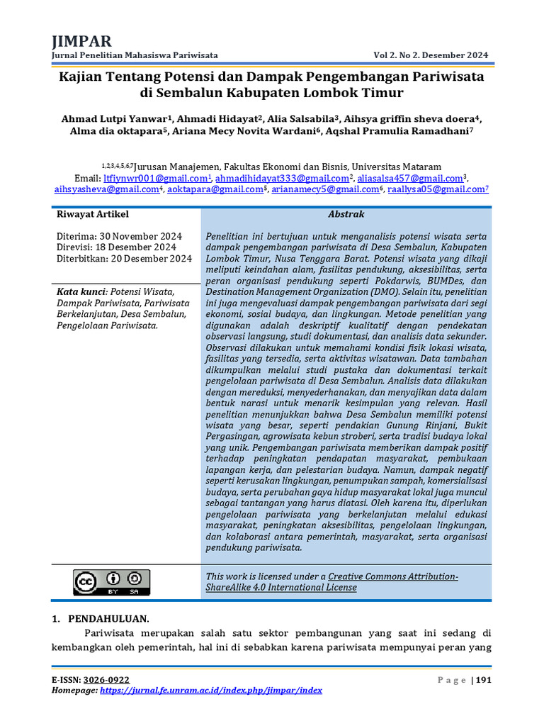 Kajian Tentang Potensi Dan Dampak Pengembangan Pariwisata Di Sembalun Kabupaten Lombok Timur | PDF