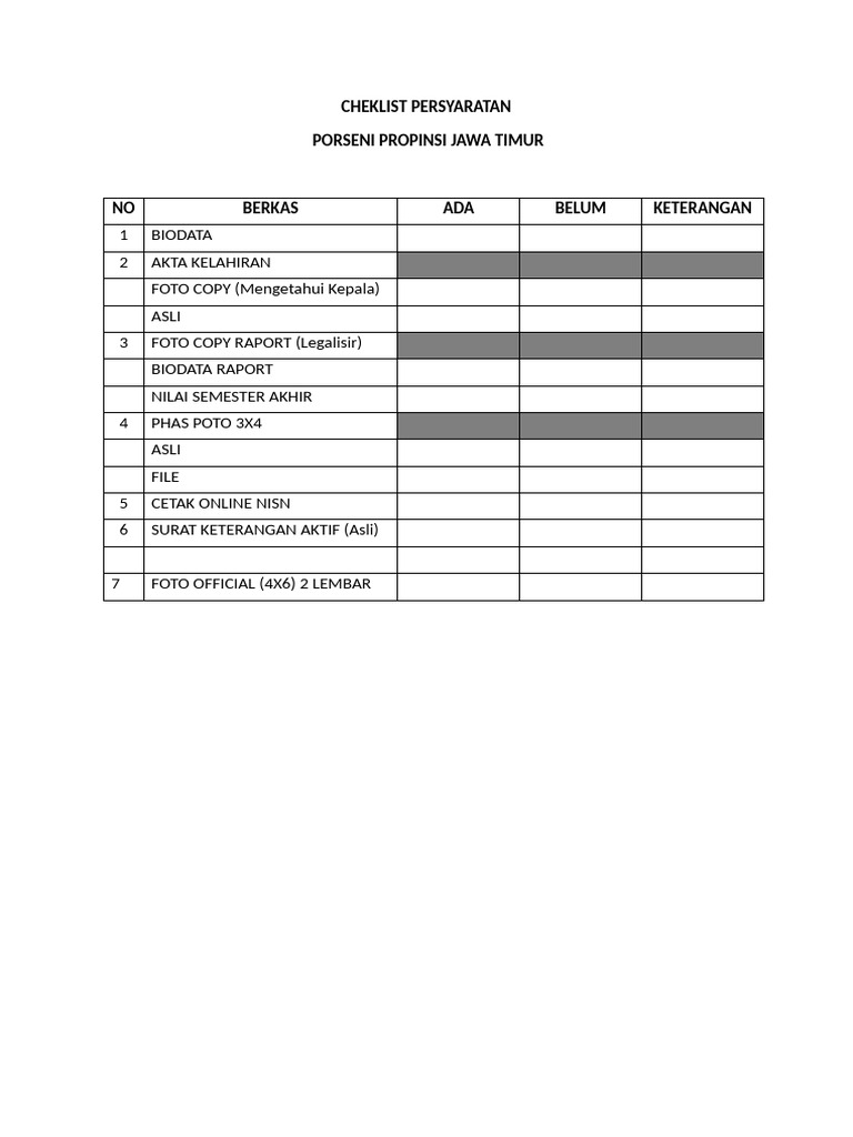 Checklist Persyaratan Porseni Jatim | PDF